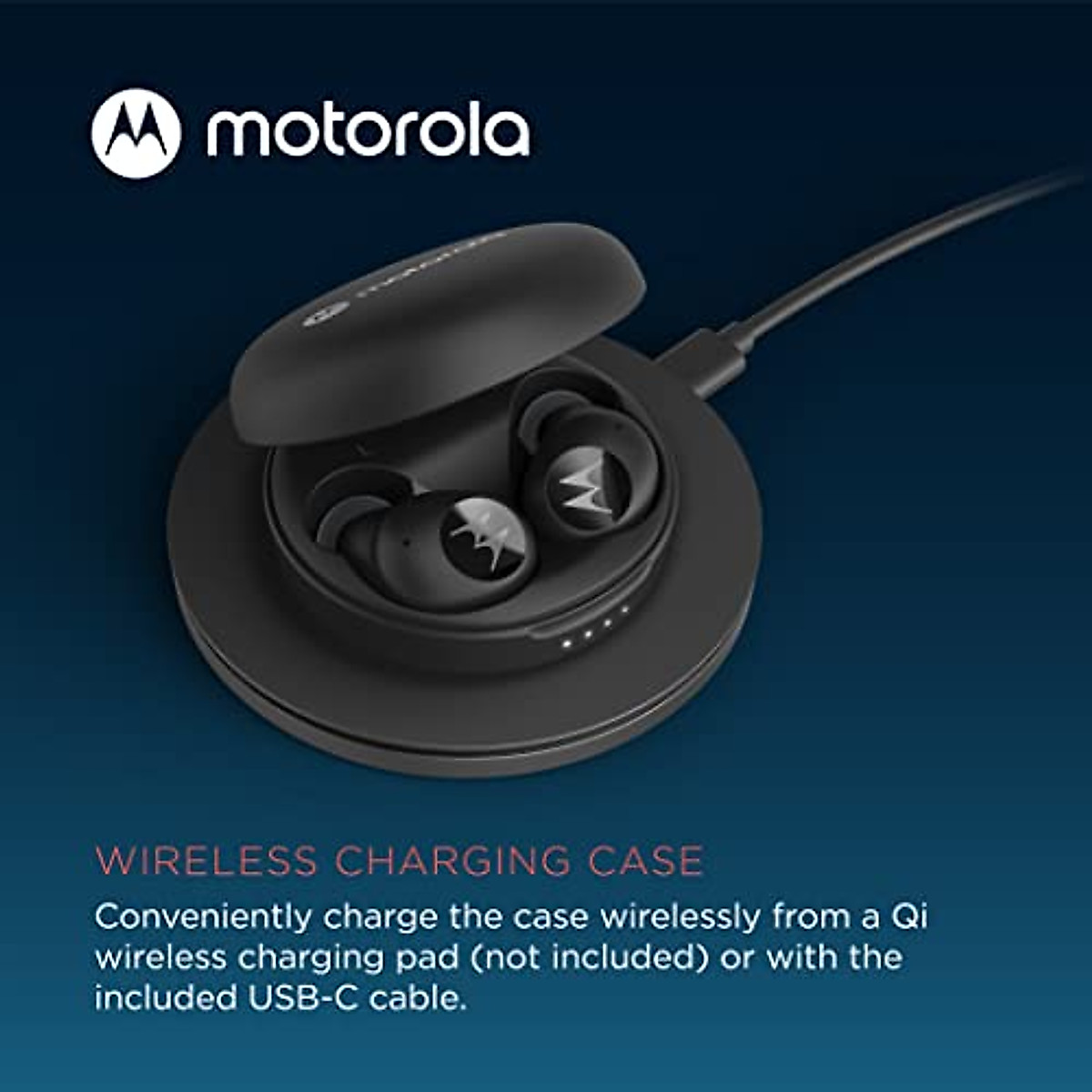 Motorola Moto Buds 250-True Wireless Bluetooth Earbuds with Microphone and Wireless Charging Case - IPX5 Water Resistant, Smart Touch-Control, Lightweight Comfort-Fit, Clear Sound, Deep Bass - Black
