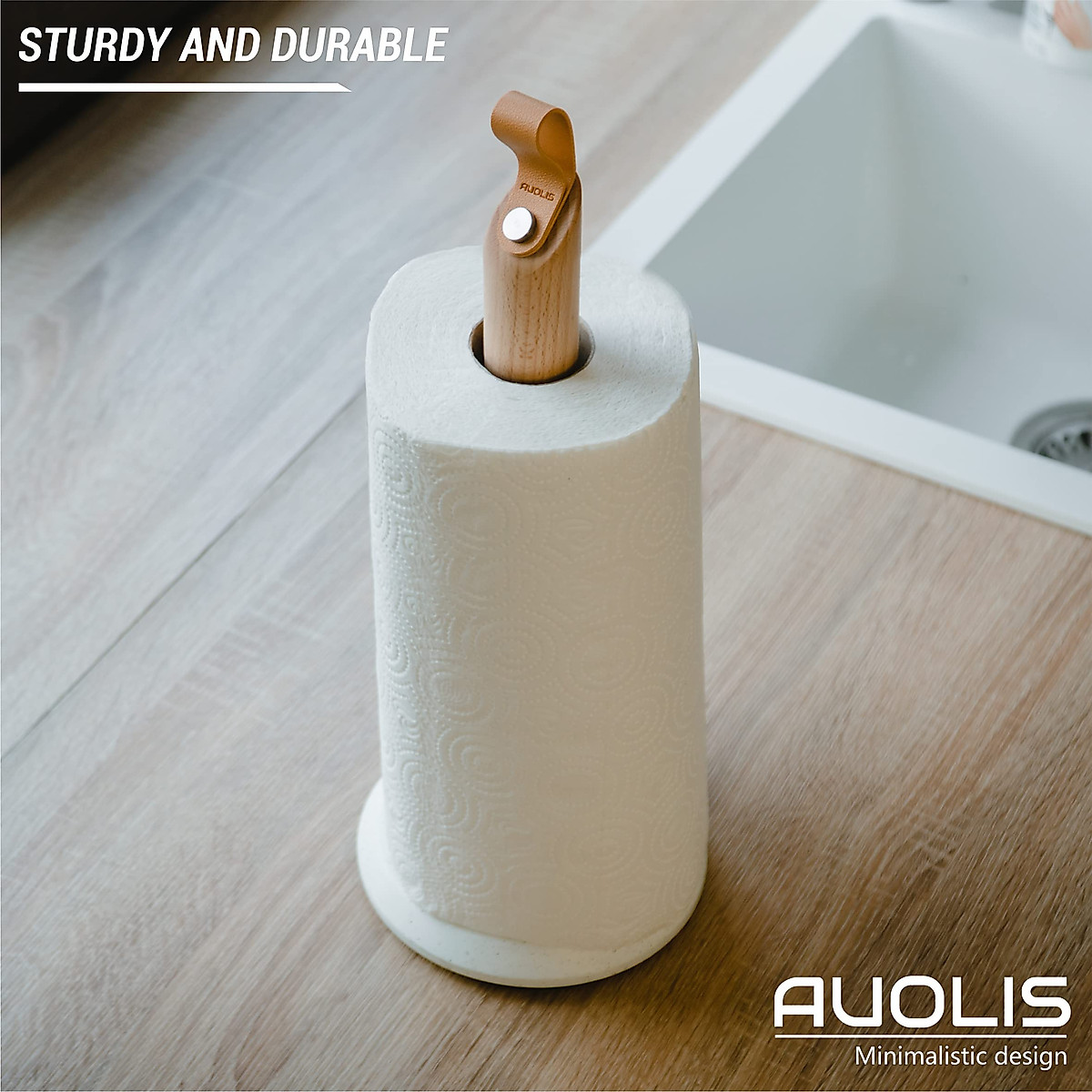 Paper Towel Holder Countertop - Auolis Wooden Paper Towel Rack - Stand Kitchen Accessories Paper Towels Rolls Dispenser with Leather Handle & Cement Base ,for Bathroom and Farmhouse(White)