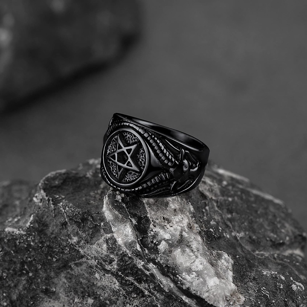 Baphomet Goat Biker Signet Rings Women Black Stainless Steel Satan Inverted Pentacle Pinky Finger Jewelry