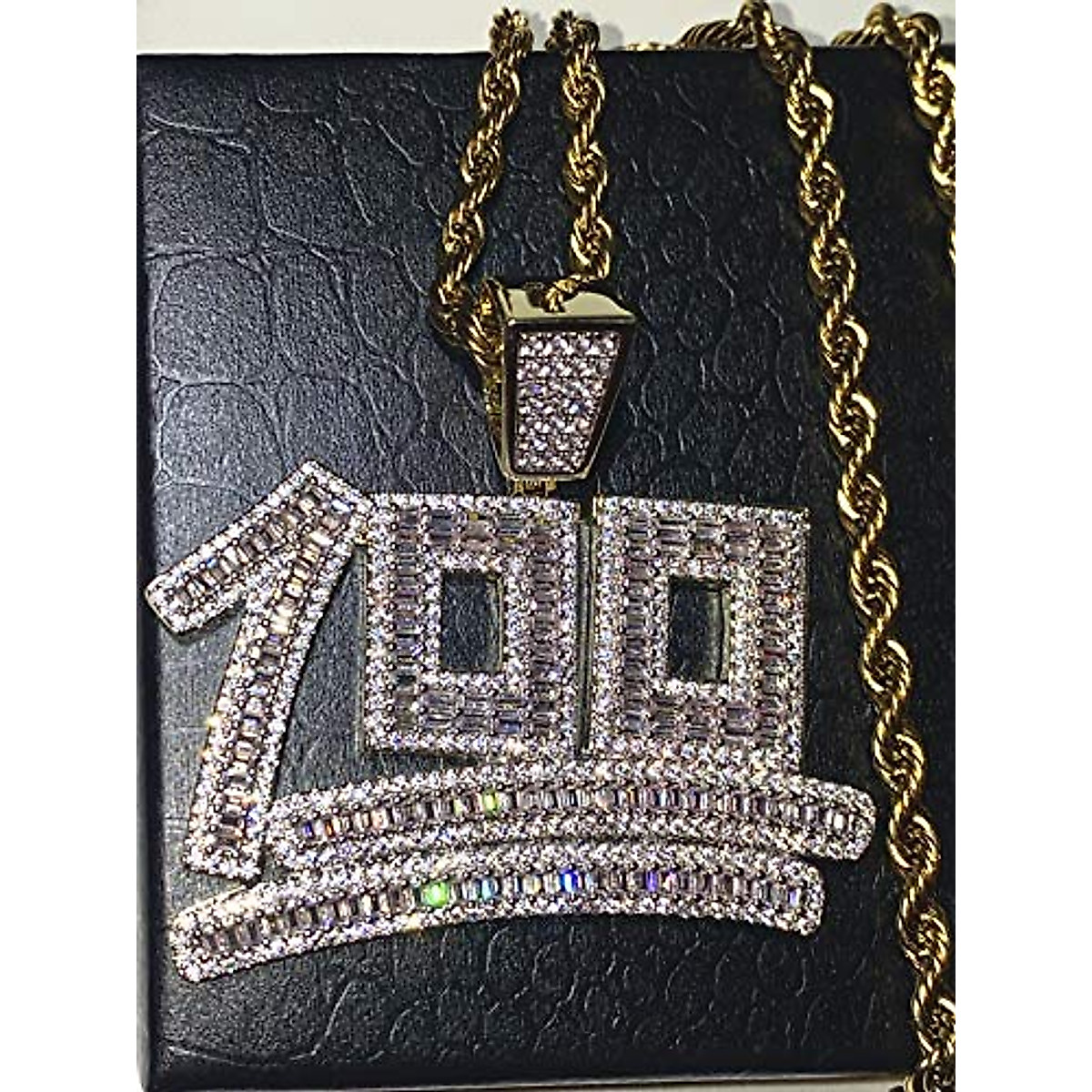 100 PERCENT EMOJI Money Custom Pendant Iced Out Diamond cz Necklace Men Women 925 Italy Gold Finish Iced Silver Charm Ice Out Pendant Stainless Steel Real 3 mm Rope Chain, Rope Necklace (20)
