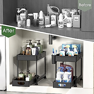 Under Sink Organizer and Storage, 2 Tier Pull Out Bathroom Cabinet Organizer, Bathroom Organizer Under Sink Basket with Hooks and Hanging Cups, Kitchen Bathroom Multipurpose Storage Rack(Black, 2)