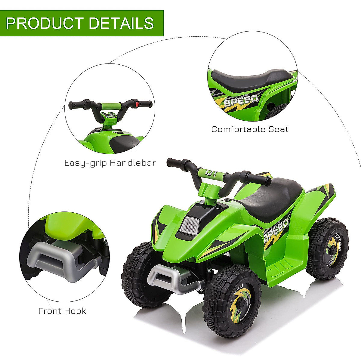 Aosom 6V Kids ATV 4-Wheeler Ride on Car, Electric Motorized Quad Battery Powered Vehicle with Forward/Reverse Switch for 18-36 Months Old Toddlers, Green