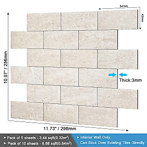 BeNice Peel and Stick Backsplash for Kitchen,Bathroom Wall Backsplash Tile Peel and Stick Shower Tiles Waterproof(10sheets,Rustic Beige)