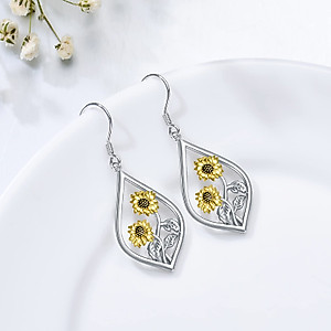 Sunflower Earrings Sterling Silver Flower Floral Dangle Dangling Drop Charm Earrings Boho Jewelry Christmas Gifts for Women