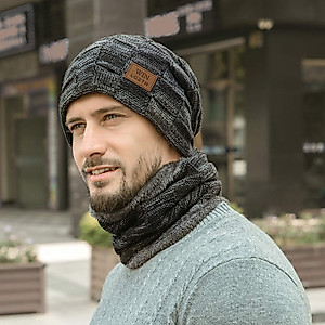 LCZTN Mens Winter Beanie Hat Scarf Set Warm Fleece Lined Knit Ski Hats Slouchy Skull Cap for Unisex Gift (Black)