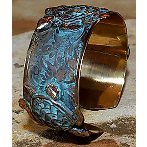 Elaine Coyne Collectible Artwear Classic Sea Turtle Cuff Bracelet - Verdigris Patina Brass