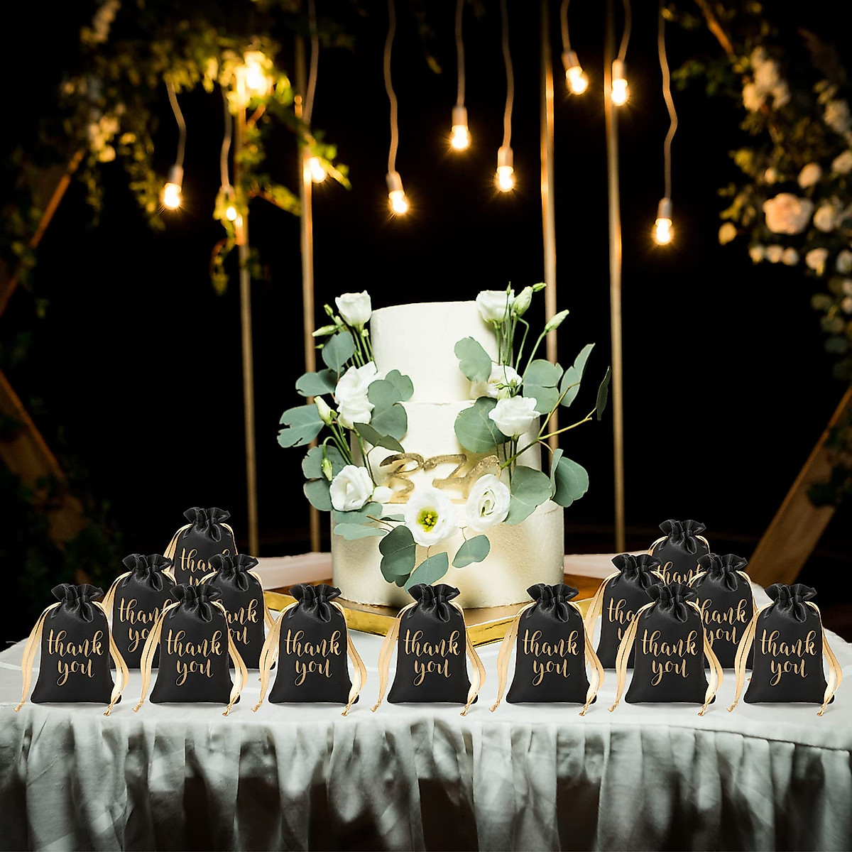 Sieral 50 Pcs Thank You Satin Gift Bags 4 x 6 Inch Drawstring Jewelry Pouches Candy for Wedding Party Baby Shower Favor Thanksgiving Christmas Holiday (Black), 1.0 Count