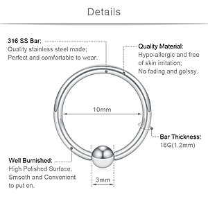 SCERRING 16G 10mm Captive Bead Piercing Ring Stainless Steel Nose Septum Tragus Daith Helix Lip Eyebrow Hoop Rings 12PCS (Silver)