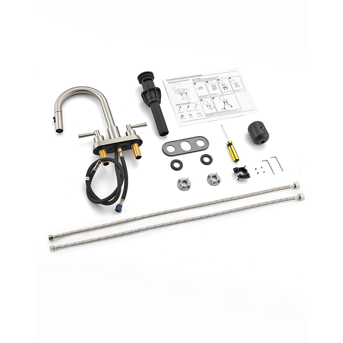 FELIXBATH Bathroom Sink Faucet with Pull Out Sprayer 2 Handles, Brushed Nickel Pull Down Bathroom Faucet 3 Holes, 4 Inch Sink Faucet Bathroom, 360 Degree Swivel Spout, Pop Up Drain Assembly Included