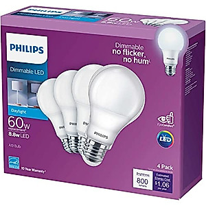 Philips LED- Dimmable A19 Light Bulb, EyeComfort Technology, 800 Lumen, Daylight (5000K), 8.8W=60W, E26 Base, Title 20 Certified, 4 Bulbs