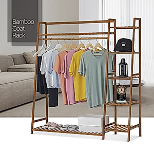 MoNiBloom Bamboo Clothing Rack with 5-Tier Storage Shelves Trapezoid Multi-Functional Clothes Rack, Clothes Hanging Rack Stand for Bedroom Living Room, Brown