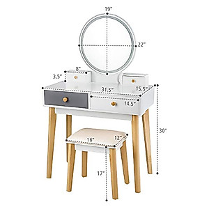 CHARMAID Vanity Set with Lighted Mirror, 3 Color-Touch Screen Dimming Mirror, Adjustable Brightness, Bedroom Vanity Makeup Dressing Table with 4 Drawers and Cushioned Stool for Girls Women