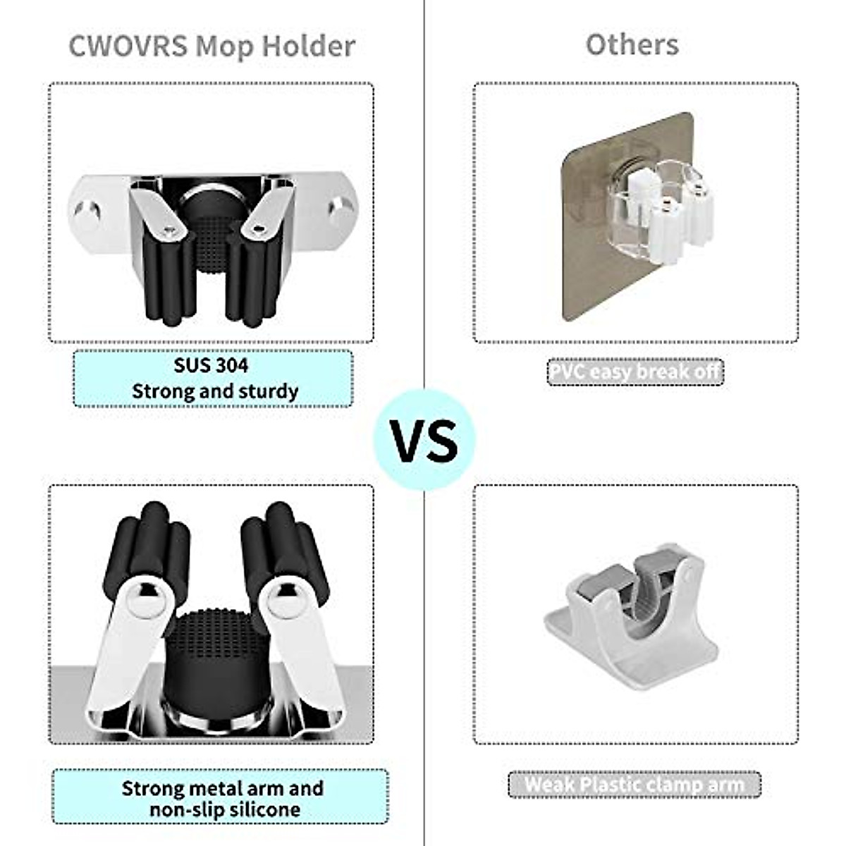 CWOVRS Mop Broom Holder, 4 Pack Mop Holders Stainless Steel Broom Wall Mount Holder, Heavy Duty Broom Hanger Wall Mop Holder for Kitchen Garden Garage