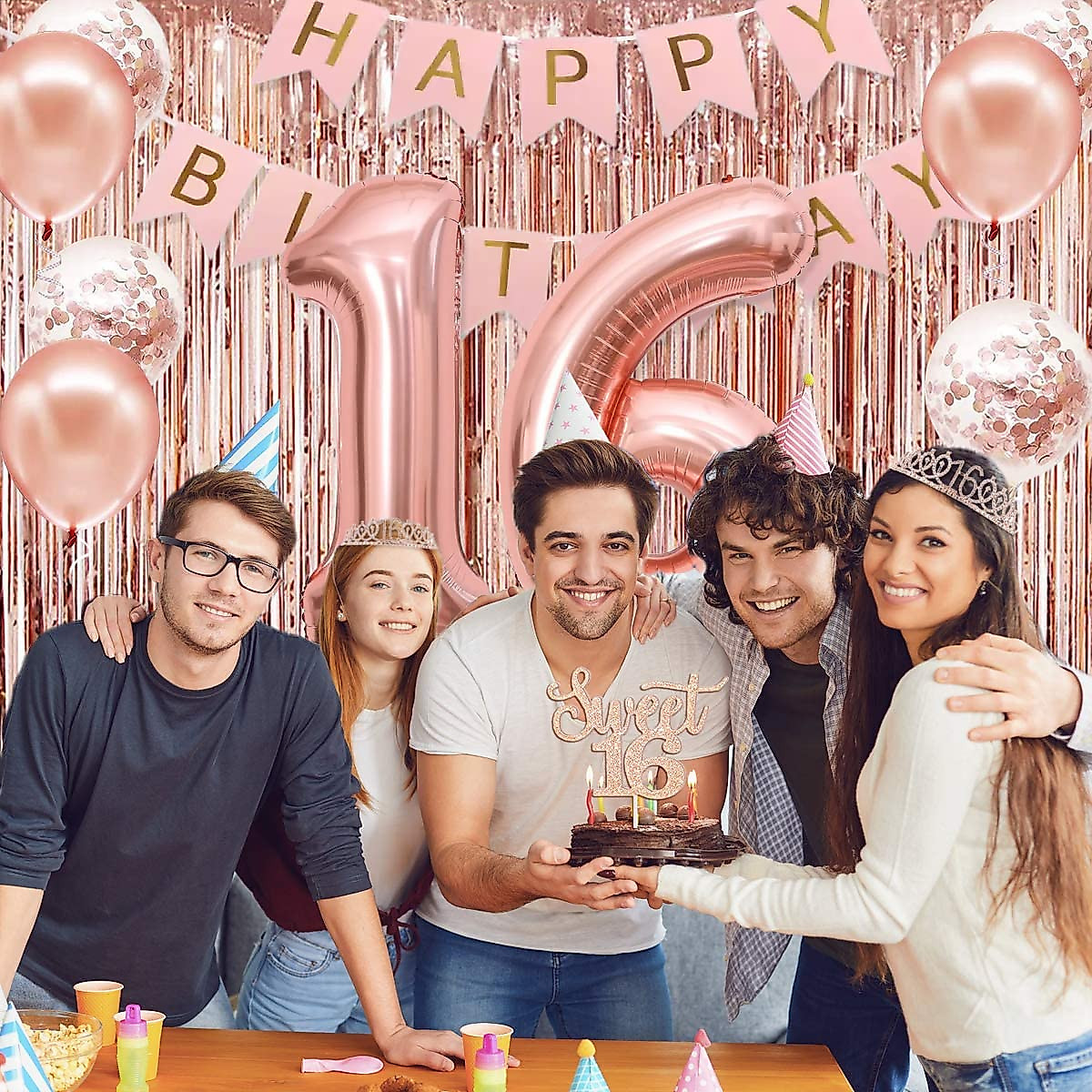 Sweet 16 Birthday Decorations for Girls, Rose Gold 16 Birthday Banner, Crown, Sash, Birthday Cake Topper and Number Balloon, Happy 16th Birthday Party Supplies for Girls