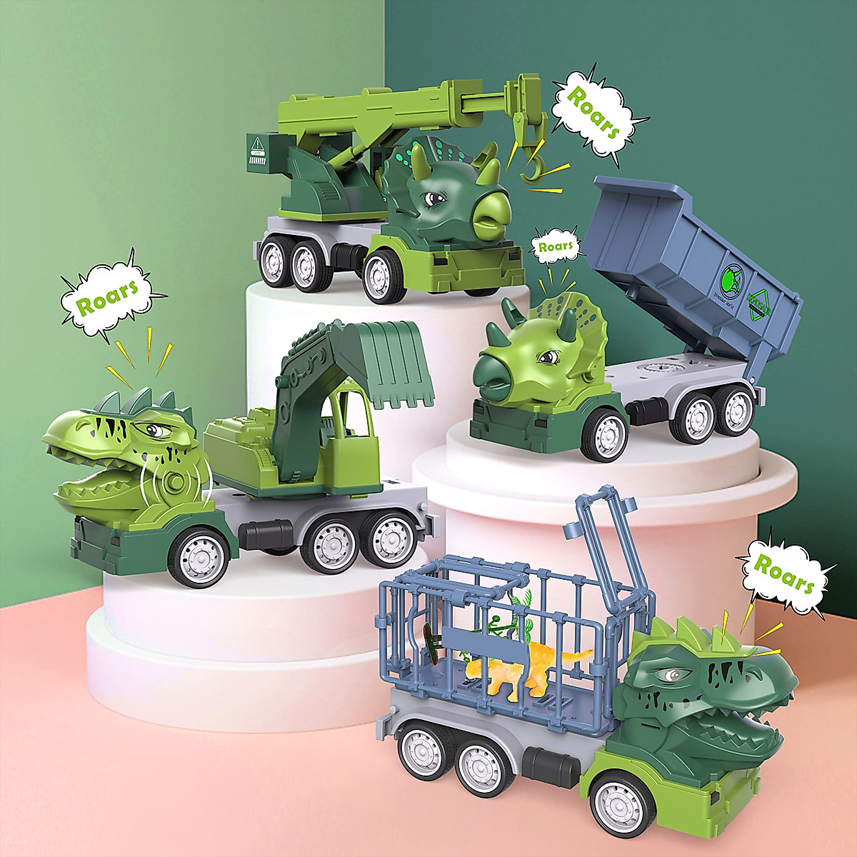 Yoocaa Dinosaur Toys for Kids | Dinosaur Monster Truck with Roaring Sounds | Construction Vehicles Toys Cars Playset with Playmat | Educational Toys Gifts for Boys Toddler 3,4,5,6 Years Old (24 Pcs)