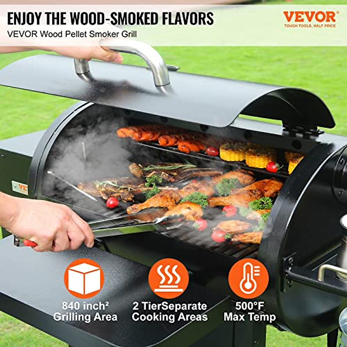 VEVOR Smoker Grill, Portable Wood Pellet Grill with Cart, 8 IN 1 BBQ Grill with PID Temperature Control & Meat Probe for Outdoor Cooking, Barbecue Camping, Picnic, 840 sq, Patio and Backyard, Black
