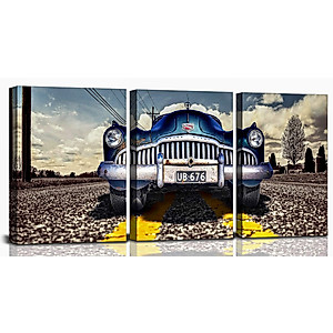 USIXA Car Wall Art for Living Room Old Vehicle on Brown Road Wall Decor Painting Blue Car in Wild Picture for Home Decor Prints Canvas with Frame Ready Hang White Cloud Sky Landscape Poster 12''X16''