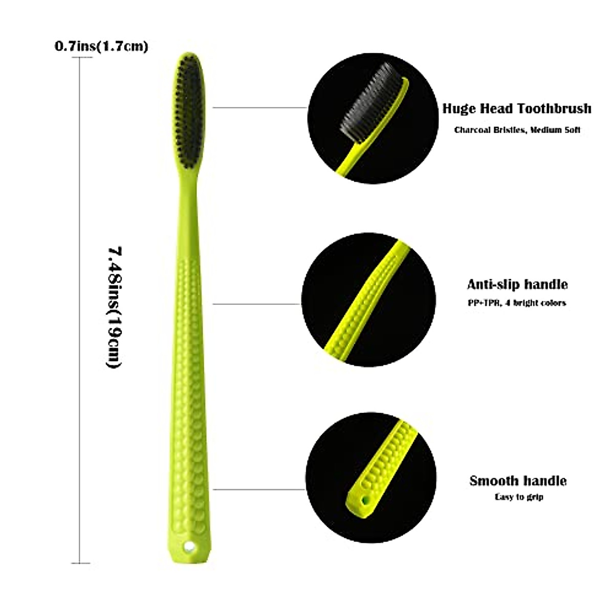 EasyHonor Huge Head Toothbrush, Medium Soft Toothbrush for Adult, Charcoal Toothbrush (Charcoal Bristles,8 Packs).