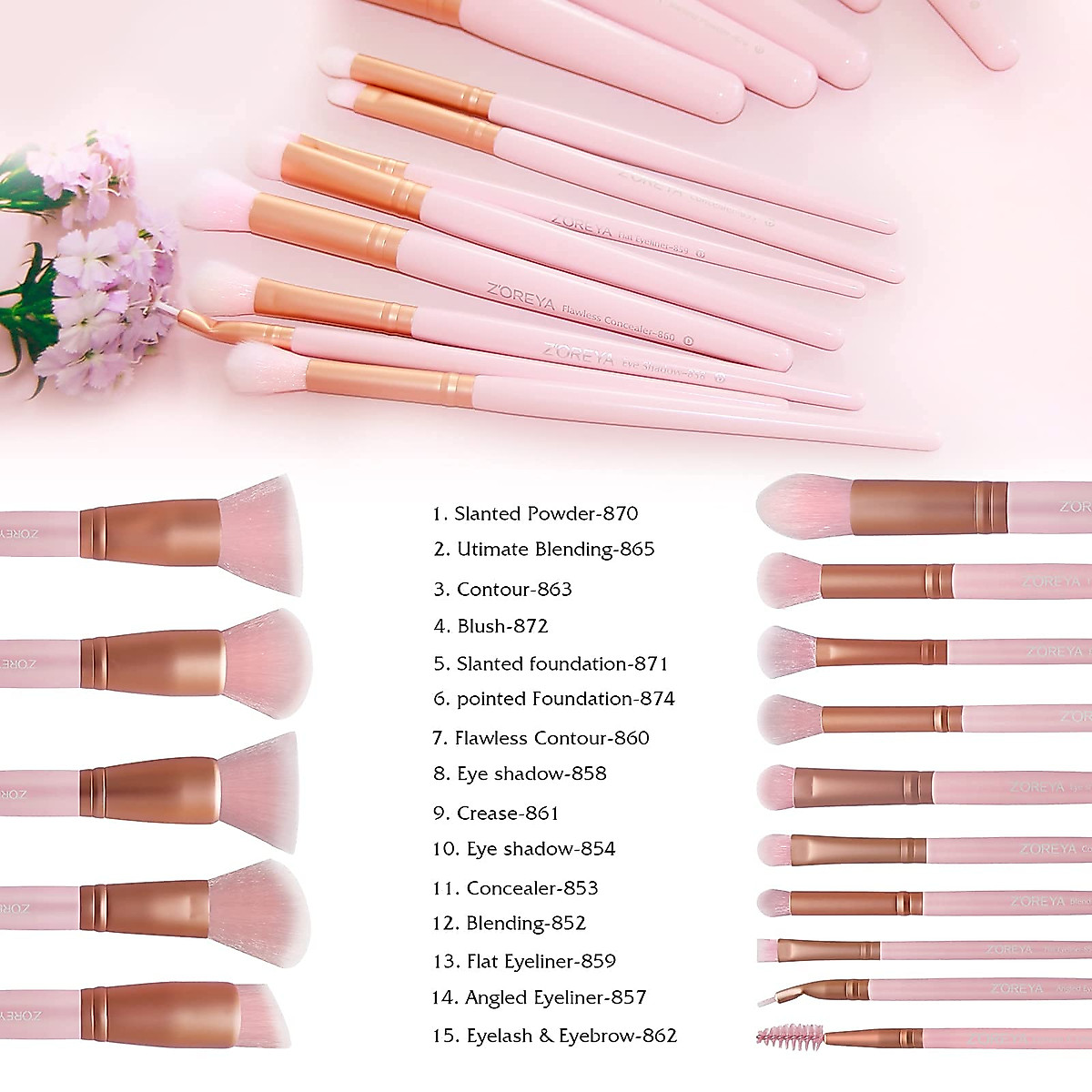 Z'OREYA Makeup Brushes 15Pcs Makeup Brush Set Premium Synthetic Kabuki Brush Cosmetics Foundation Concealers Powder Blush Blending Face Eye Shadows Brush Set (Pink)