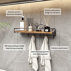 QUTREY Floating Shelves for Wall with Hooks, Metal Scroll Wall Art Decor Shelf for Living Room, Bedroom, Entryway, Bathroom, 2 Packs, Black