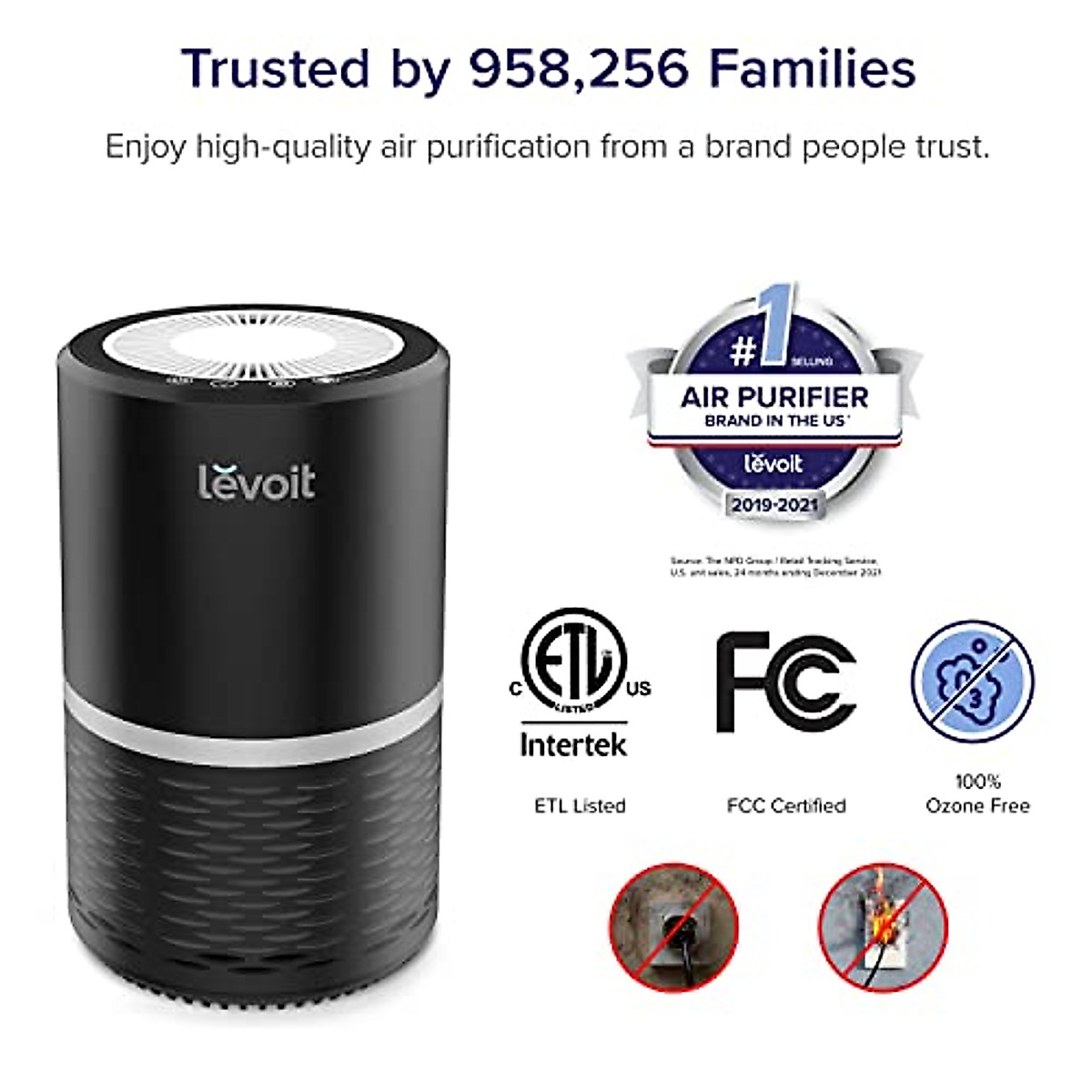 LEVOIT Air Purifiers for Home, HEPA Filter for Smoke, Dust and Pollen in Bedroom, Ozone Free, Filtration System Odor Eliminators for Office with Optional Night Light, 1 Pack, Black