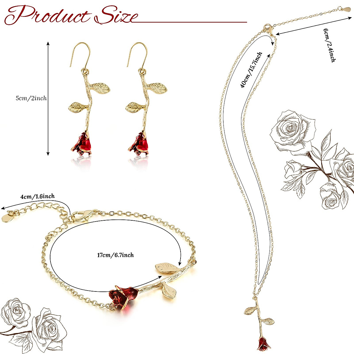 18K Gold Plated Jewelry Set Rose Necklace Bracelet Earrings Personalized Red Rose Flower Necklaces Aesthetic Chain Bracelet Beach Anklets Dangle Hook Earrings for Christmas Gift Girls Teen Women