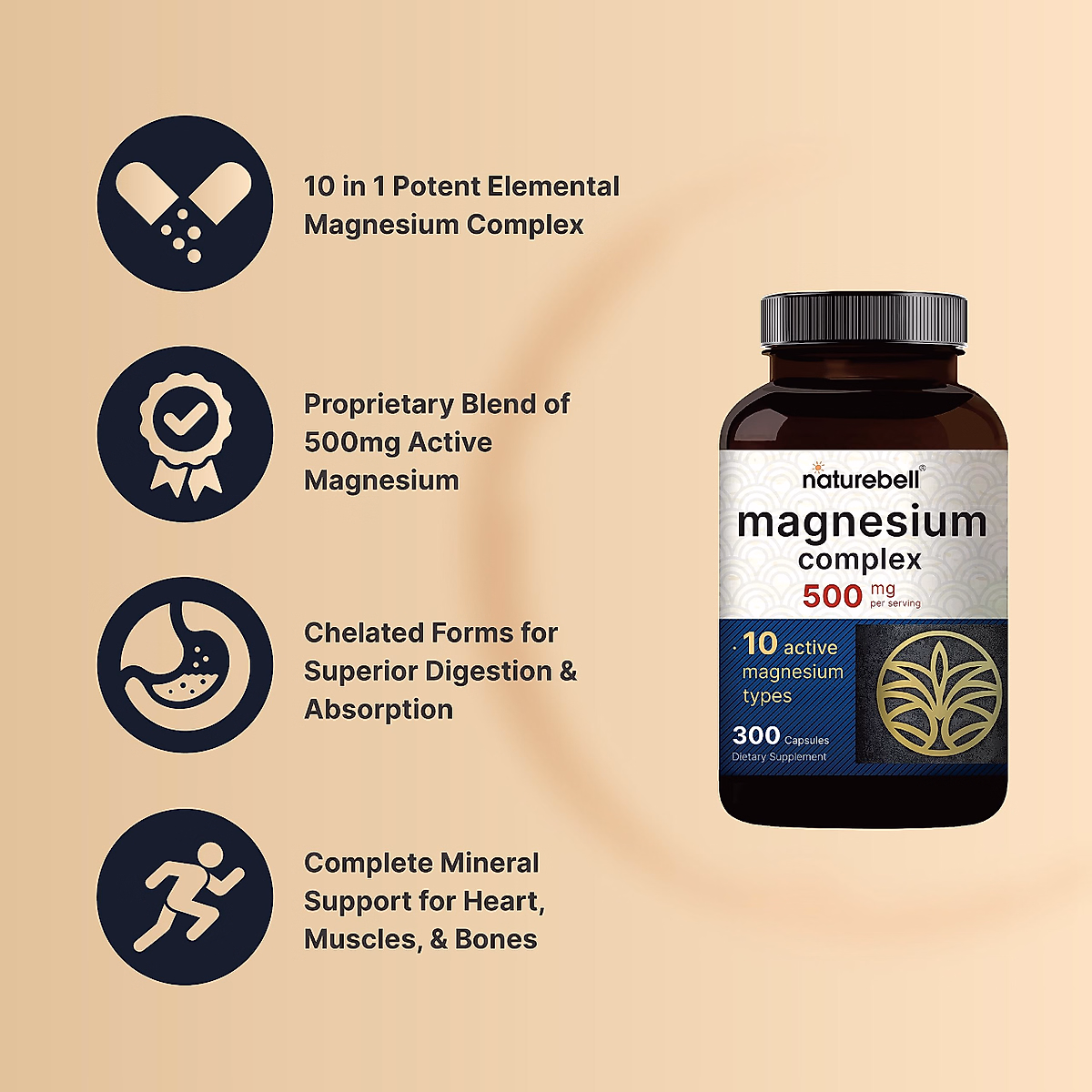 NatureBell Magnesium Complex Supplement 500mg, 300 Capsules | 10 Active Forms – Glycinate, Citrate, Taurate, Plus More | 100% Chelated & Purified | Bone, Heart, & Muscle Support | Non-GMO