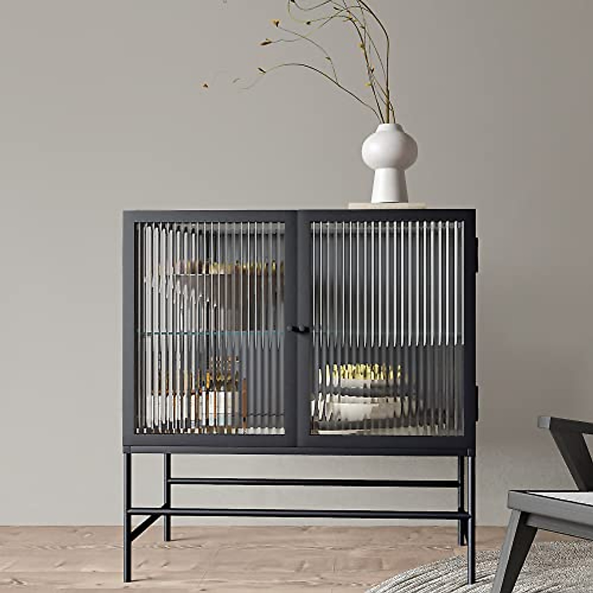 Modern Fluted Glass Buffet Cabinet, Sideboard Cabinet, Credenza with Storage Console Tables with Dual Door, Wine Bar Cabinet for Liquor for Dining Room, Living Room, Hallway (Black)