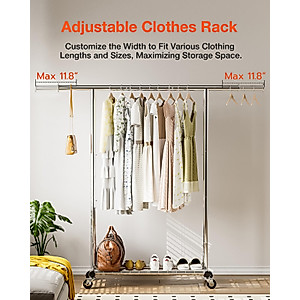 Frylr Heavy Duty Clothing Rack - Portable Metal Garment Rack with Wheels, Rolling Clothes Rack with Adjustable Hanging Rods, and Free Standing Design, Silver