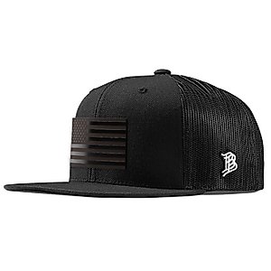 Branded Bills Old Glory Midnight Leather Black Flat Trucker, Snapback Closure, Lightweight, Comfortable Baseball Cap