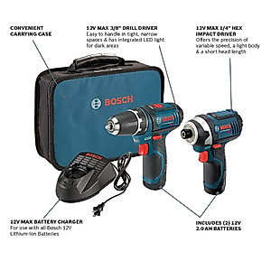 Bosch Power Tools Combo Kit CLPK22-120 - 12-Volt Cordless Tool Set with 2 Batteries, Charger and Case & ITDEPH22503 3 Pc. 2.5 In. Phillips #2 Double-Ended Impact Tough Screwdriving Bit