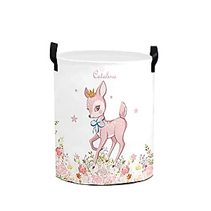 Pink Bambi Floral Deer Personalized Laundry Basket Clothes Hamper Storage Handle Waterproof, Custom Collapsible Large Capacity , for Bedroom Bathroom Toy Decoration
