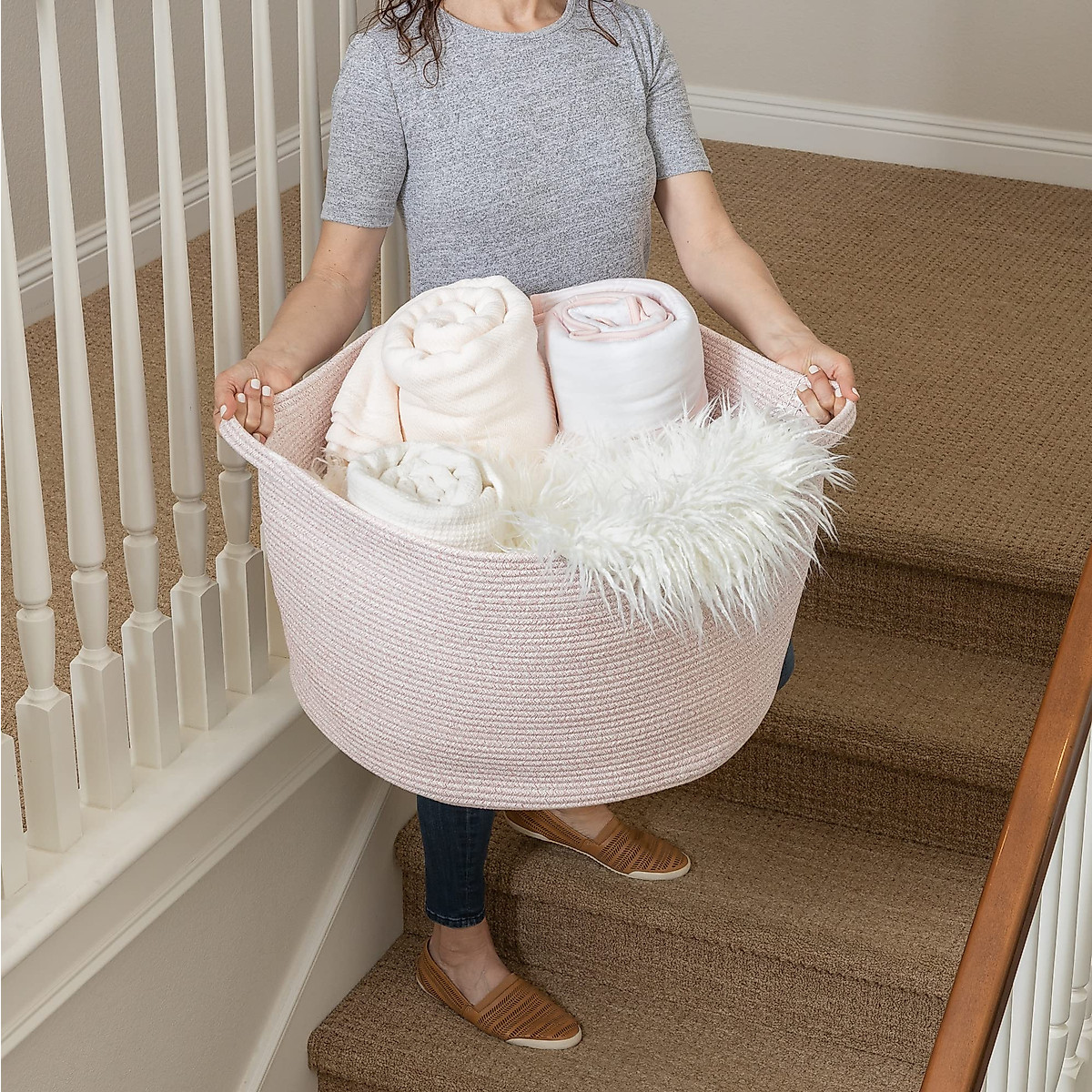 Pink Storage Basket - 22”x14” | Baby Girl Laundry Basket | Toy Bin | Woven Baskets for Storage | Fabric Laundry Baskets for Storage