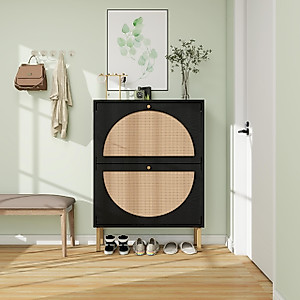 Yoluckea Rattan Shoe Cabinet with 2 Flip Drawers for Entryway Modern Wooden Shoe Rack Shoe Storage Cabinet Free Standing Shoe Rack for Heels Slippers for Entryway Hallway Bedroom Small Space (Black)