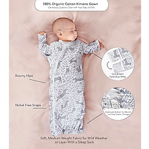 Cambria Baby 100% Organic Kimono Gowns. Side Snaps with Built in Mitts. (0-6 Months, Feathers and Forest Animals)