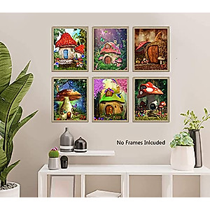 Cartoon Mushroom Posters Fungus Wall Art, Fairy Tale Themed Red Mushroom House Plant Forest Art Prints, Mushroom Posters for Children's Room Bedroom Kindergarten Decor，Set of 6-(8"x10" Unframed)
