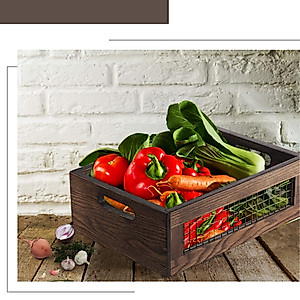 NAGAWOOD Wooden Nesting Countertop Baskets Set of 3 for Kitchen, Bathroom, Pantry|Wall Mount Upgrade with Full Accessories|Wooden storage organizer For Fruit, Vegetables, Produce, Bread|Wooden Crate with handles|Decorative Walnut Wood and Metal Wire