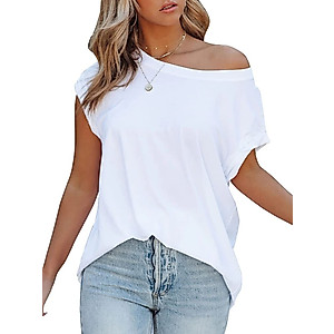 XXTAXN Women's Casual Short Sleeve Off Shoulder Oversized T Shirt Outdoor Soft Basic Tunic Tops White