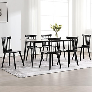 RêveLife Windsor Dining Chair Set of 6 Farmhouse Solid Wood Spindle Back Side Chair Mid-Century Modern Black Armless Kitchen Chair for Dining Living Room Farmhouse Restaurant