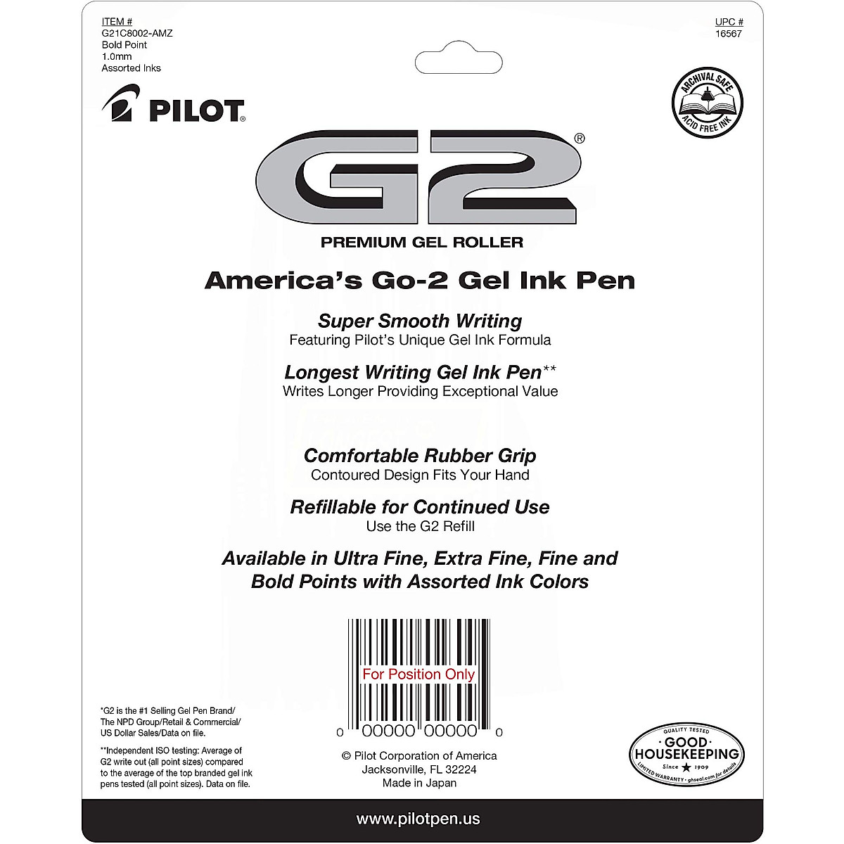 Pilot, G2 Premium Gel Roller Pens, Bold Point 1 mm, Pack of 8, Black and Blue