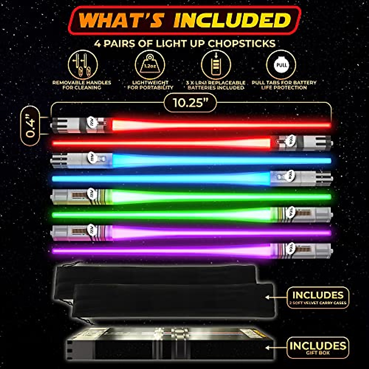 LIGHTSABER CHOPSTICKS LIGHT UP STAR WARS CHOPSTICK LED Glowing Light Saber Chop Sticks REUSABLE Sushi Lightup Sabers Cool Fun Geeky STARWARS Chop Stick Set Red Green Blue Purple 4 Pairs JEDI CASE BOX