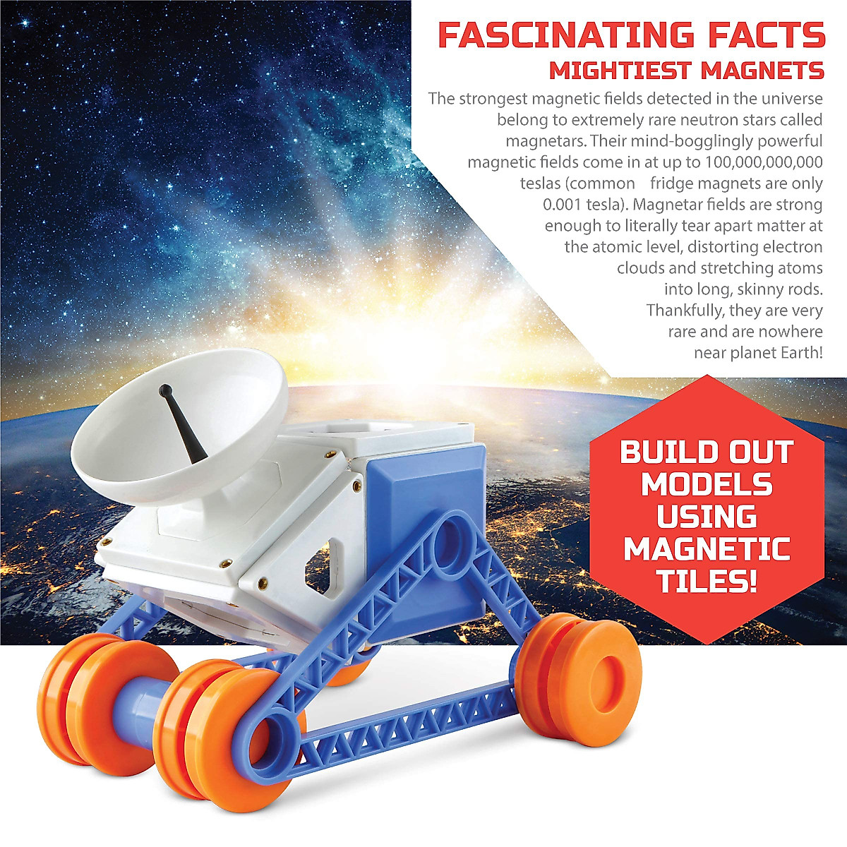 Discovery #MINDBLOWN Customizable Magnetic Building Tiles with Remote Control, 34-Piece Play Set, Build 3 Intergalactic Models, Includes 2 Powered Motors, STEM Toy for Boys and Girls