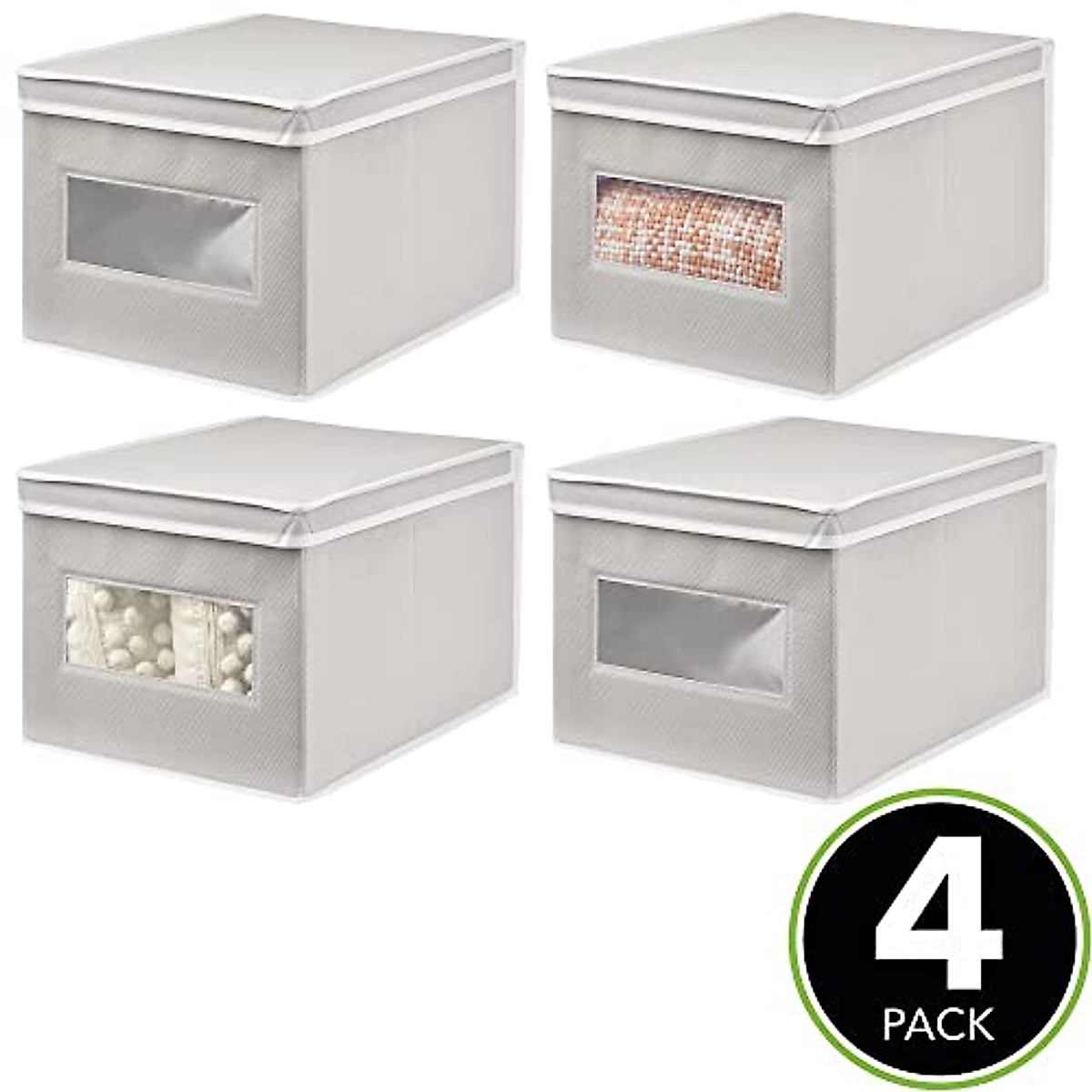 mDesign Large Fabric Stackable Closet Storage Organizer Box, Front Window/Lid for Bedroom, Office, Mudroom Organization, Hold Clothes, Blankets, Linens, Jane Collection, 4 Pack, Light Gray/White