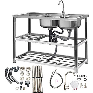 Double Bowl Kitchen Sink Set, Free Standing Double Bowl Kitchen Sinks Utility Restaurant Kitchen Sink for Restaurant, Kitchen, Garage