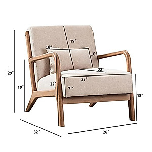 INZOY Mid Century Modern Accent Chair with Wood Frame, Upholstered Living Room Chairs with Waist Cushion, Reading Armchair for Bedroom Sunroom (Beige)