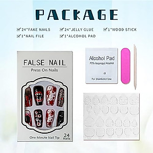 Halloween Long Press on Nails Coffin Fake Nails French Acrylic Nails with Rhinestone Spider Spiderweb Blood Drops Eyeballs Full Cover Horror Pattern Designs Artificial Nails Stick on Nails for Women and Girls 24 Pcs