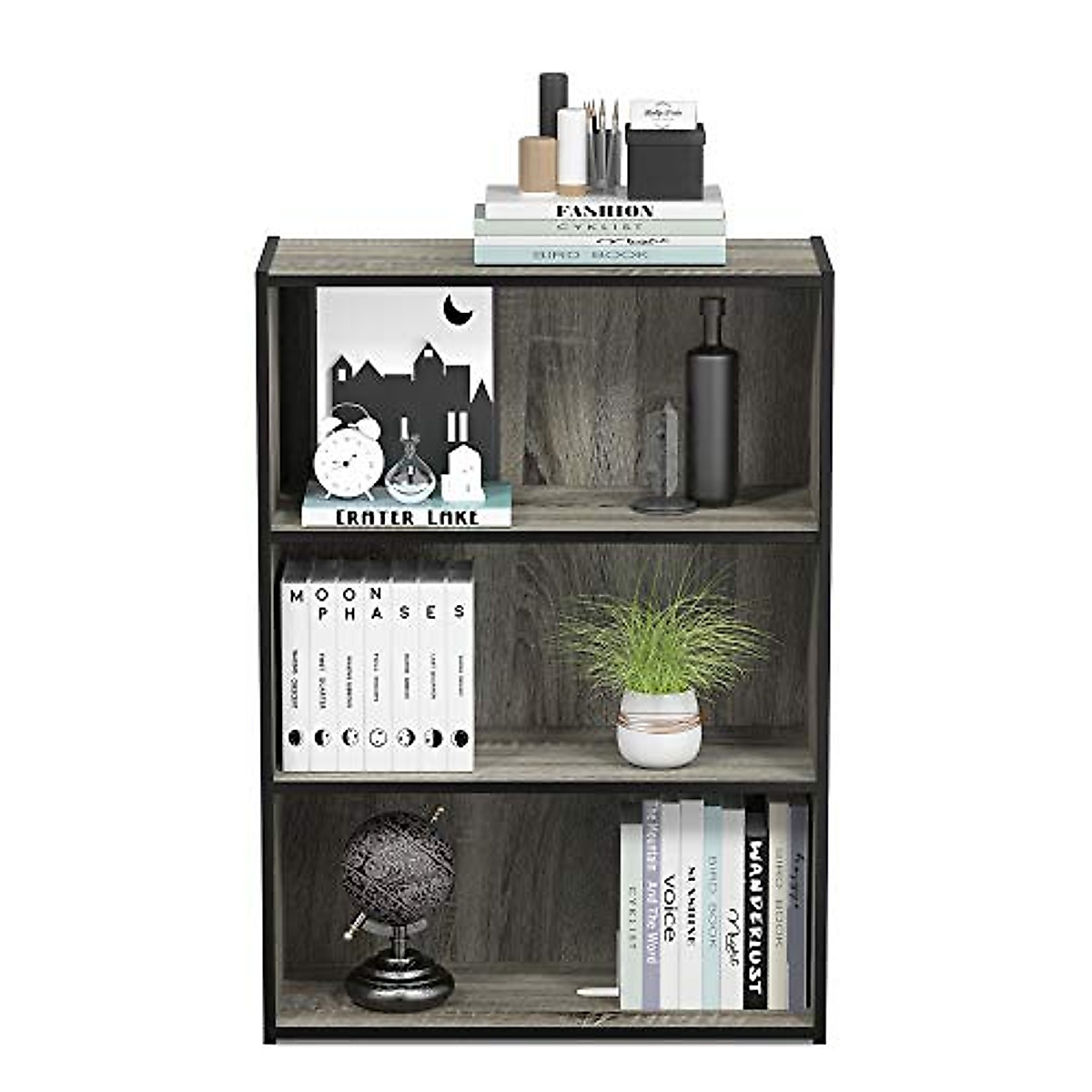 Furinno Pasir 3-Tier Open Shelf Bookcase, French Oak Grey & Simplistic A Frame Computer Desk, Black/French Oak Grey