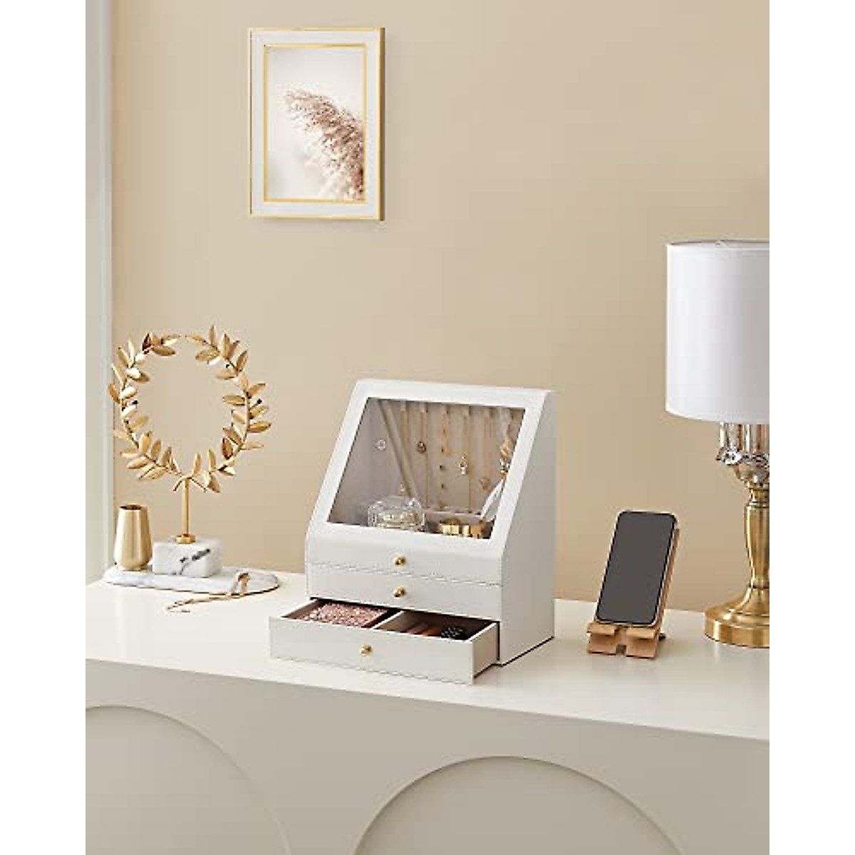 SONGMICS Jewelry Box with Slanted Glass Window, 3-Layer Jewelry Organizer, 2 Drawers, Jewelry Storage, Modern Style, Window Display, Cloud White UJBC163W01