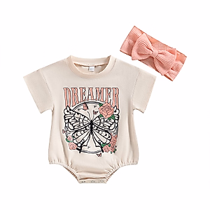 sdghg 0-18M Infant Baby Girl Short Sleeve Romper Spring Summer Bodysuit Headband Romper Butterfly Jumpsuit Bubble Bodysuit (Apricot, 0-3 Months)