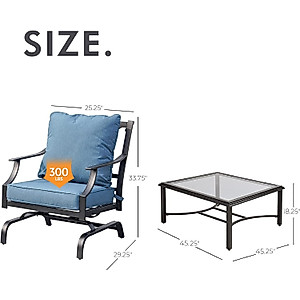 Grand patio 5PCS Conversation Sets Outdoor Dining Set 4 Rocking Motion Patio Chairs with Gray Water-Resistant Olefin Cushions & 1 Tempered Glass Table for Garden Lawn & Poolside (Peacock Blue)